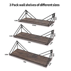 EYMPEU Floating Shelves Set of 3, Rustic Wall Shelf with Bar Triangle Bracket for Wall Mounted Hanging, Bathroom, Kitchen, Bedroom, Living Room, Plant
