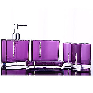 5 PCS Purple Bathroom Accessory Set, Acrylic Bathroom Decor Sets Accessories, Square Purple Bathroom Sink Set, with Emulsion Bottle Tooth Brush Holder Soap Dish Gargle Cup, for Home Hotel Travel