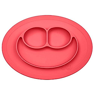 ez pz Mini Collection Set (Coral) - 100% Silicone Cup + Straw, Fork, Spoon & Mini Mat Suction Plate with Built-in Placemat for Infants + Toddlers - First Foods + Self-Feeding - 12 Months+