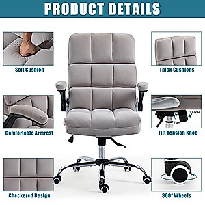 AVAWING Velvet Office Chair w/Wheels, Executive Computer Desk Chair w/Adjustable Tilt Angle and Flip-up Arms, High-Back Ergonomic Padding Chair, Grey