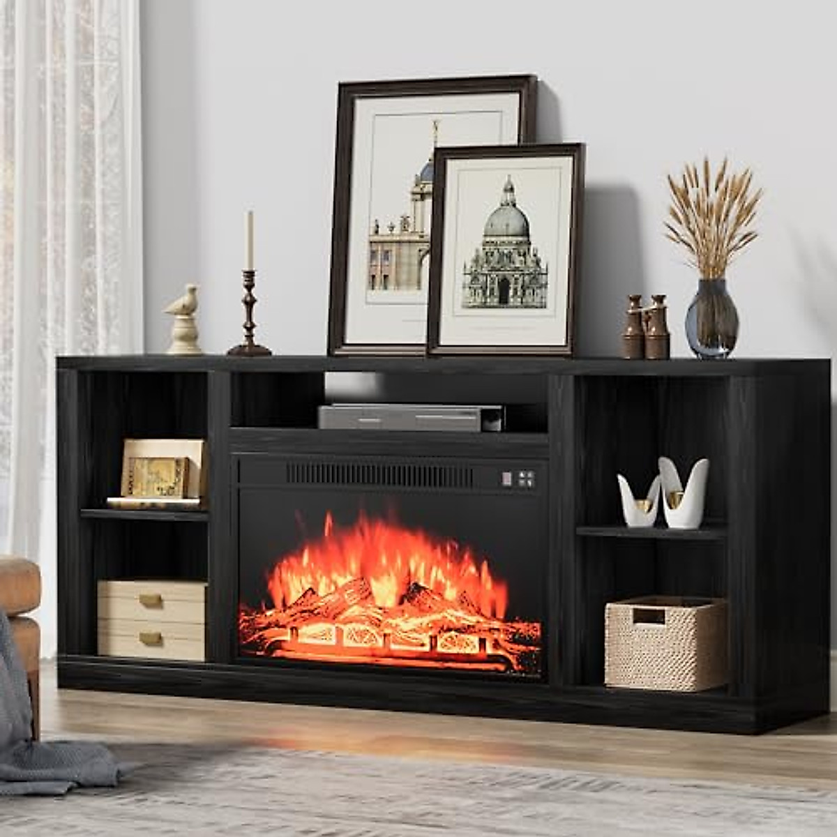 YESHOMY Electric Fireplace TV Stand for Televisions up to 65+ Inch, Media Entertainment Center Console Table with Four Open Storage Shelves & Cabinets, 58 Inch, Black