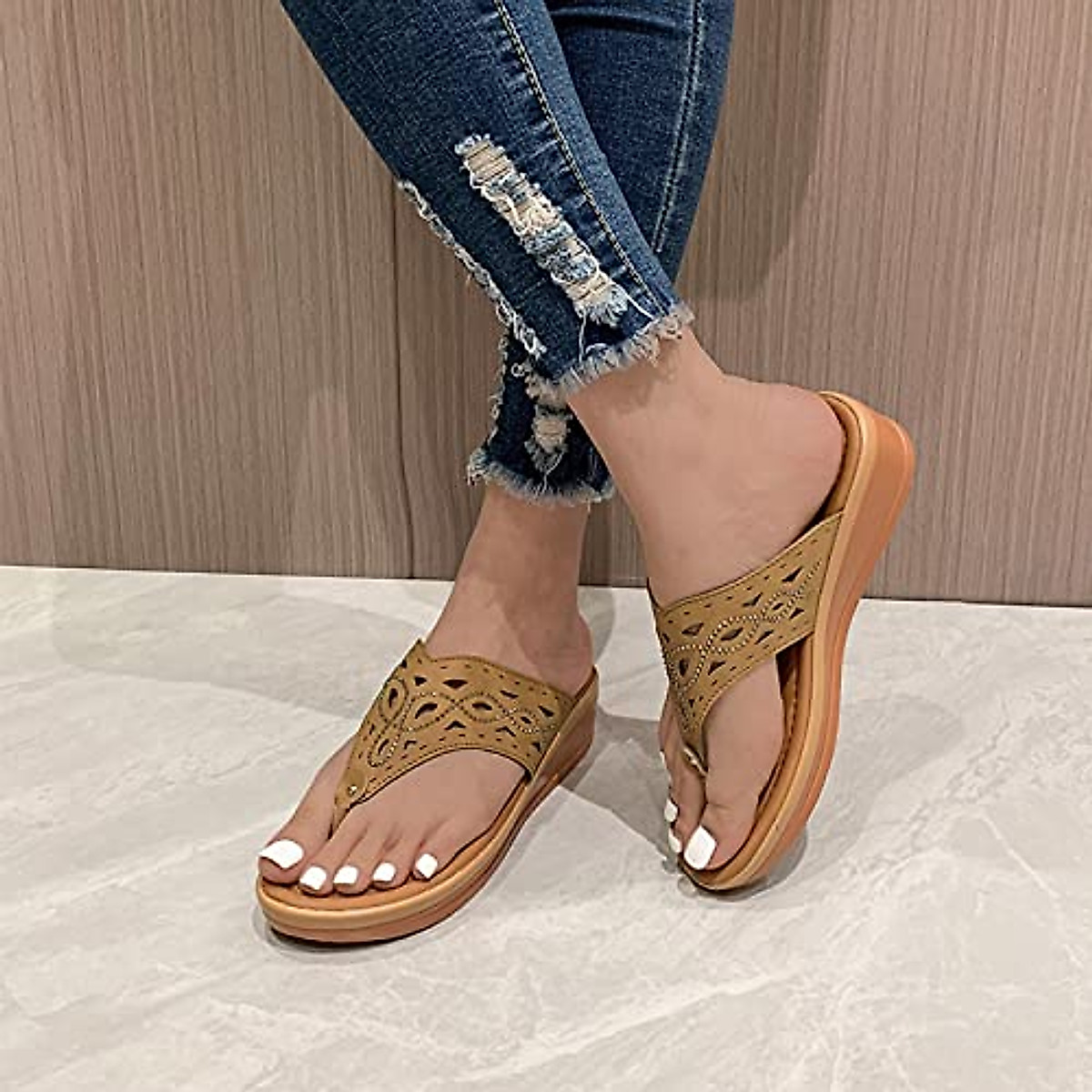 Ladies Fashion Summer Solid Leather Rhinestone Decorative Clamping Toe Slope Heel Casual Sandals for Women Wide Width (Brown, 8)