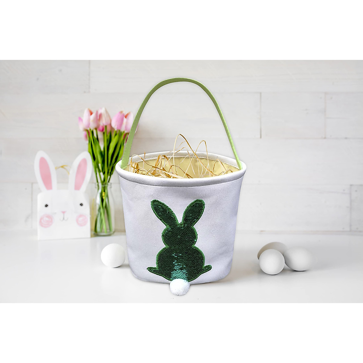 Jolly Jon Easter Bunny Basket Bag - Blue to Silver Sequin Colors - Kids Easter Egg Hunt Baskets - Color Changing Reusable Party Bags - Rabbit with Cotton Tail Canvas Tote