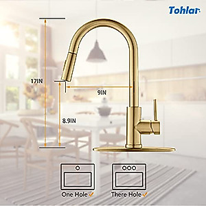 Tohlar Gold Kitchen Faucets with Pull-Down Sprayer, Modern Stainless Steel Single Handle Pull Down Kitchen Sink Faucet with Deck Plate, Brushed Gold
