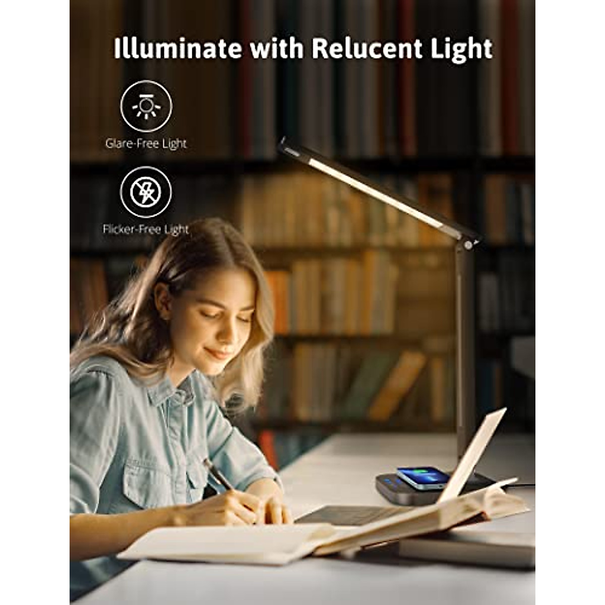 Gteetoo LED Desk Lamp with Wireless Fast Charger, Office Desk Light with USB Charging Port, 5 Color Temperatures & 5 Brightness Levels, Night Light Mode, 1 Hour Timer, Black