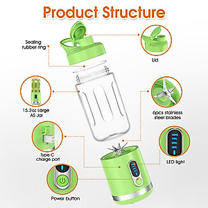 neza Portable Blender, Personal Blender Smoothies and Shakes, Mini Blender with 6 Blades, 15.2 Oz Multifunctional and BPA Free, USB Rchargeable Portable Juicer, With Travel/Gym/Office, Green
