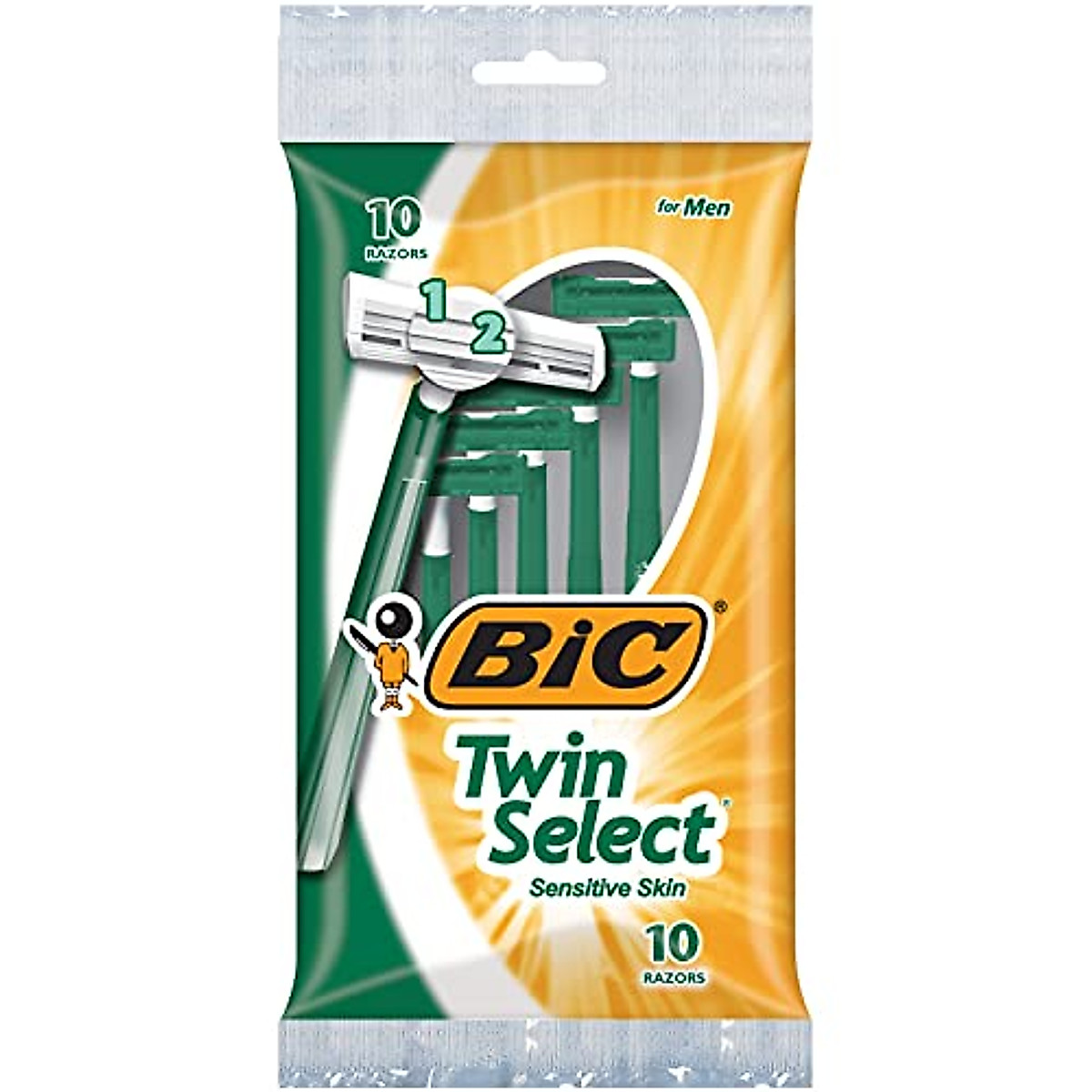 BIC Twin Select Disposable Razors; 2 Blades For a Smooth and Comfortable Shave; Sensitive Skin; Green Handle; 10 Piece Razor Set