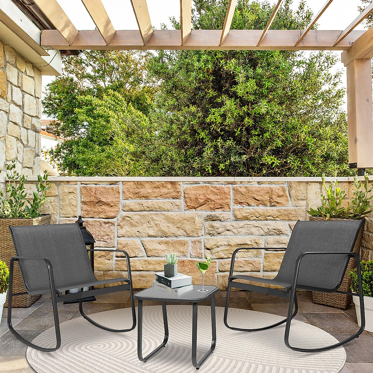 SUNCROWN 3-Piece Outdoor Rocking Bistro Set, Outdoor Furniture Set with Patio Rocking Chairs, and Glass-Top Table, Small Conversation Set of 3 for Porch, Lawn, Garden, Yard, Balcony, Poolside -Black