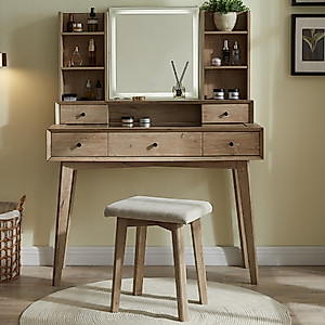 T4TREAM Modern Makeup Vanity Desk with Mirror and Lights，42'' Make up Vanity Table with Glass Tabletop & 5 Drawers, Big Vanity Set with Cushioned Stool & 3 Light Modes for Bedroom, Natural Oak