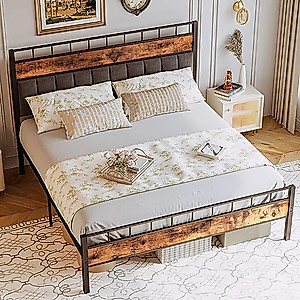 LIKIMIO Queen Bed Frame with 55 Inches upholstered high headboard, Sturdy and No Noise Platform Bed, No Box Spring Needed, Easy Assembly, Vintage Brown