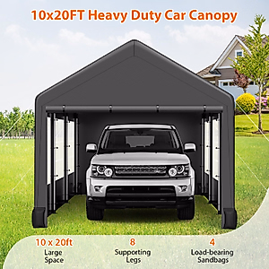 Carport 10x20ft Portable Garage, Heavy Duty Car Canopy with Roll-up Ventilated Windows & Side Doors, All-Season Tarp Car Port for SUV, Car, Truck, Boat