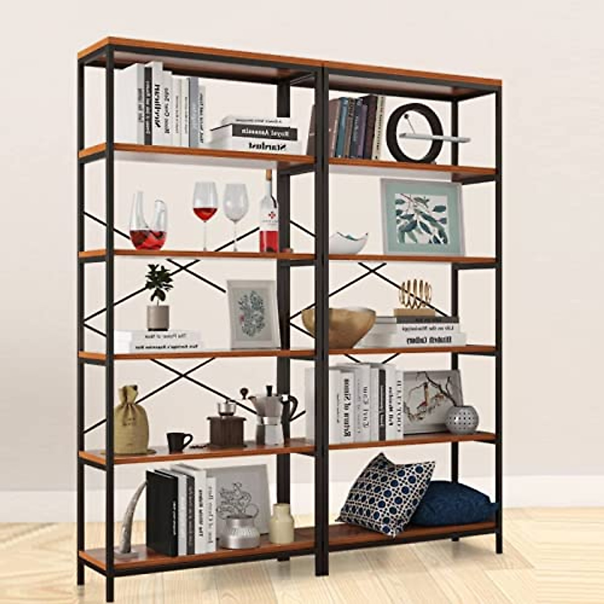 Solid Open Book Shelves, 71 Tall Modern Bookshelf 6 Foot, Free Standing Display Shelving Unit, 5 Tier Industrial Bookcase for Living Room Bedroom - Black Metal Frame & Rustic Cherry Wooden Shelves
