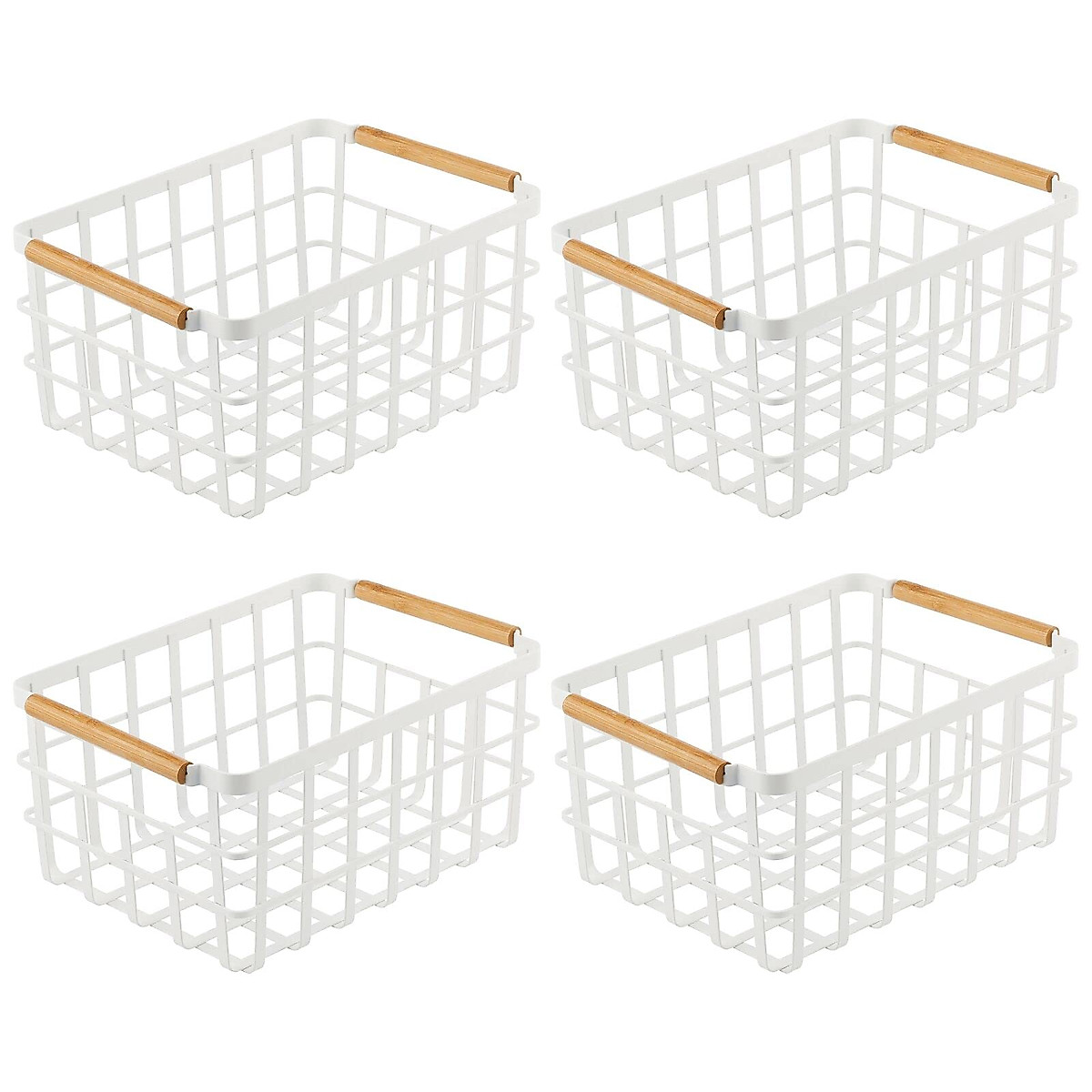mDesign Metal Wire Food Organizer Storage Bin Basket with Bamboo Handles for Kitchen Cabinets/Pantry Organizing - Farmhouse Decor - Yami Collection - 4 Pack - Matte White/Natural