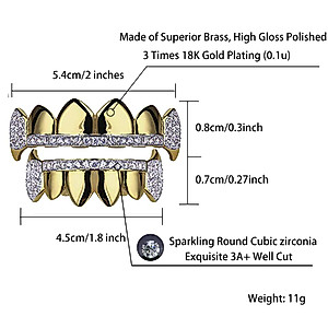 TOPGRILLZ Gold Hip Hop Teeth Grillz Micro Pave Cubic Zircon Top&Bottom Vampire Fangs Teeth Grills Set Holleween Gift Men Women (Yellow Gold)