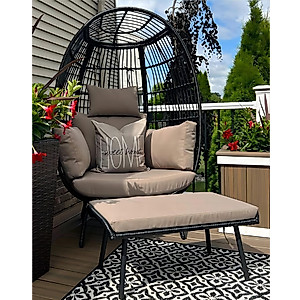 YITAHOME Wicker Egg Chair with Ottoman Outdoor Indoor Oversized Lounger with Stand, Cushions, Egg Basket Chair for Patio Backyard Porch - Brown & Black