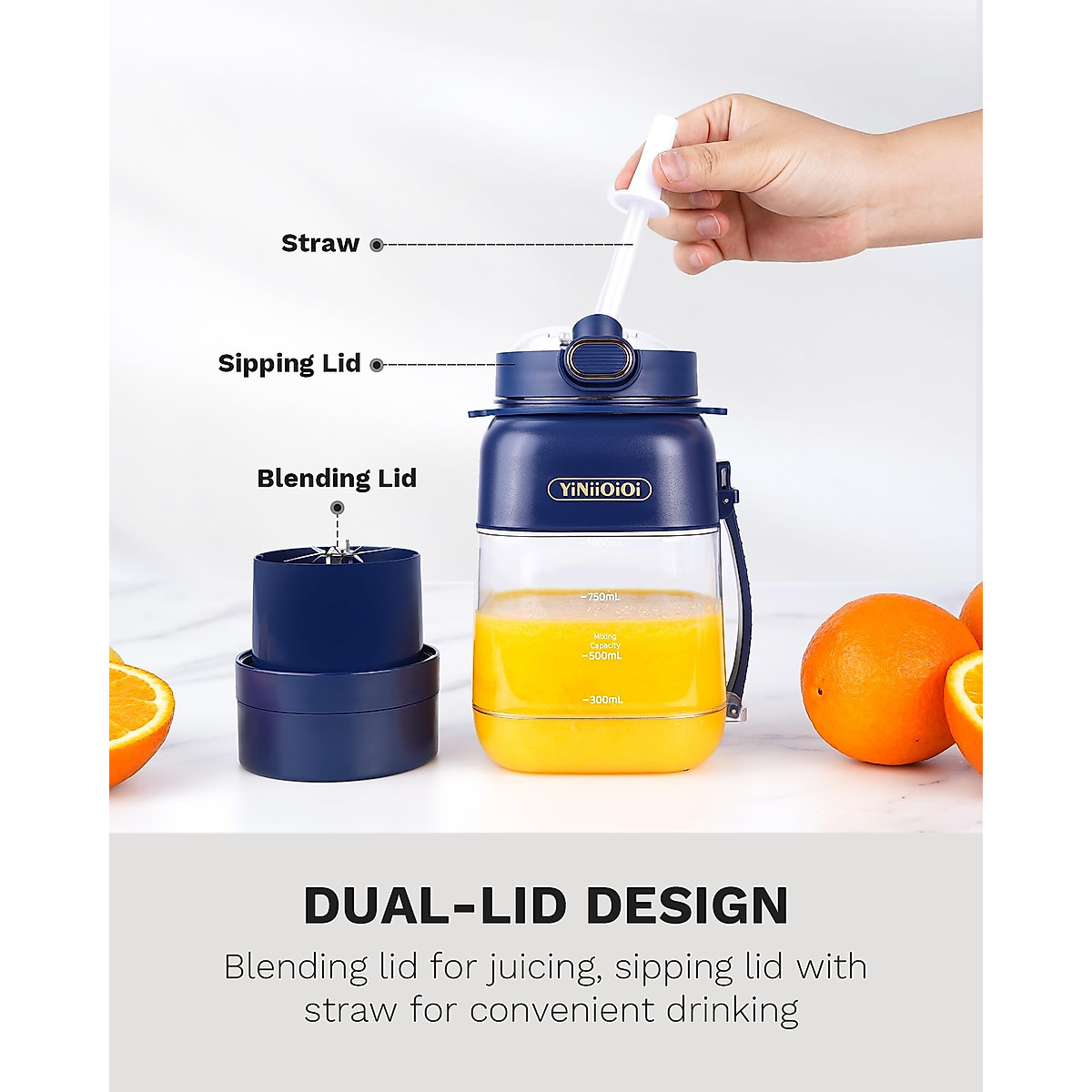 Portable Blender, 32 oz Portable Blender for Smoothies, Small Personal Blender with 10 Blades, Smoothie Blender with Travel Lid and Straw, Portable Juicer Blender for Travel, Sports (Blue)