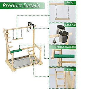 Ozzptuu Bird Playground Natural Wood Small/Medium Parrot Playstand Pet Bird Feeder Perch Stand with Seed Cups Ladder Hanging Swing