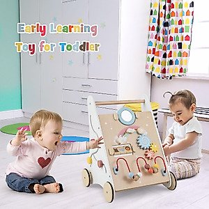 HONEY JOY Baby Push Walker, Wooden Infant Walker Activity Center with Shape Sorter, Develop Motor Skills & Creativity, Push Toys for Babies Learning to Walk, Gift for Boys and Girls (Natural)