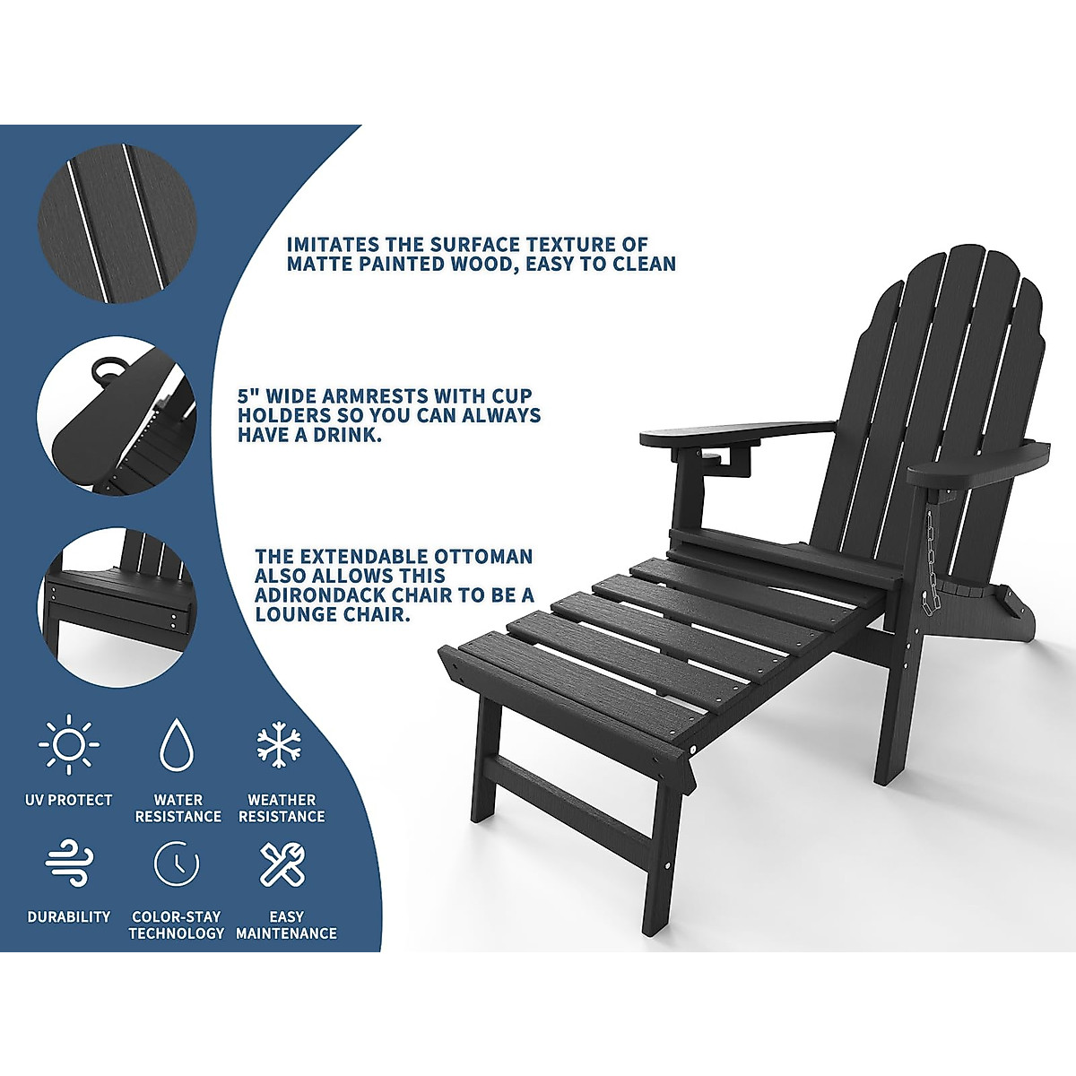 Folding Adirondack Chairs Set of 2, Retractable Ottoman, Poly Lumber Patio Chairs with Cup Holder, Weather Resistant Lawn Outdoor Fire Pit Chair for Porch, Pool, Deck, Backyard, Garden, Black