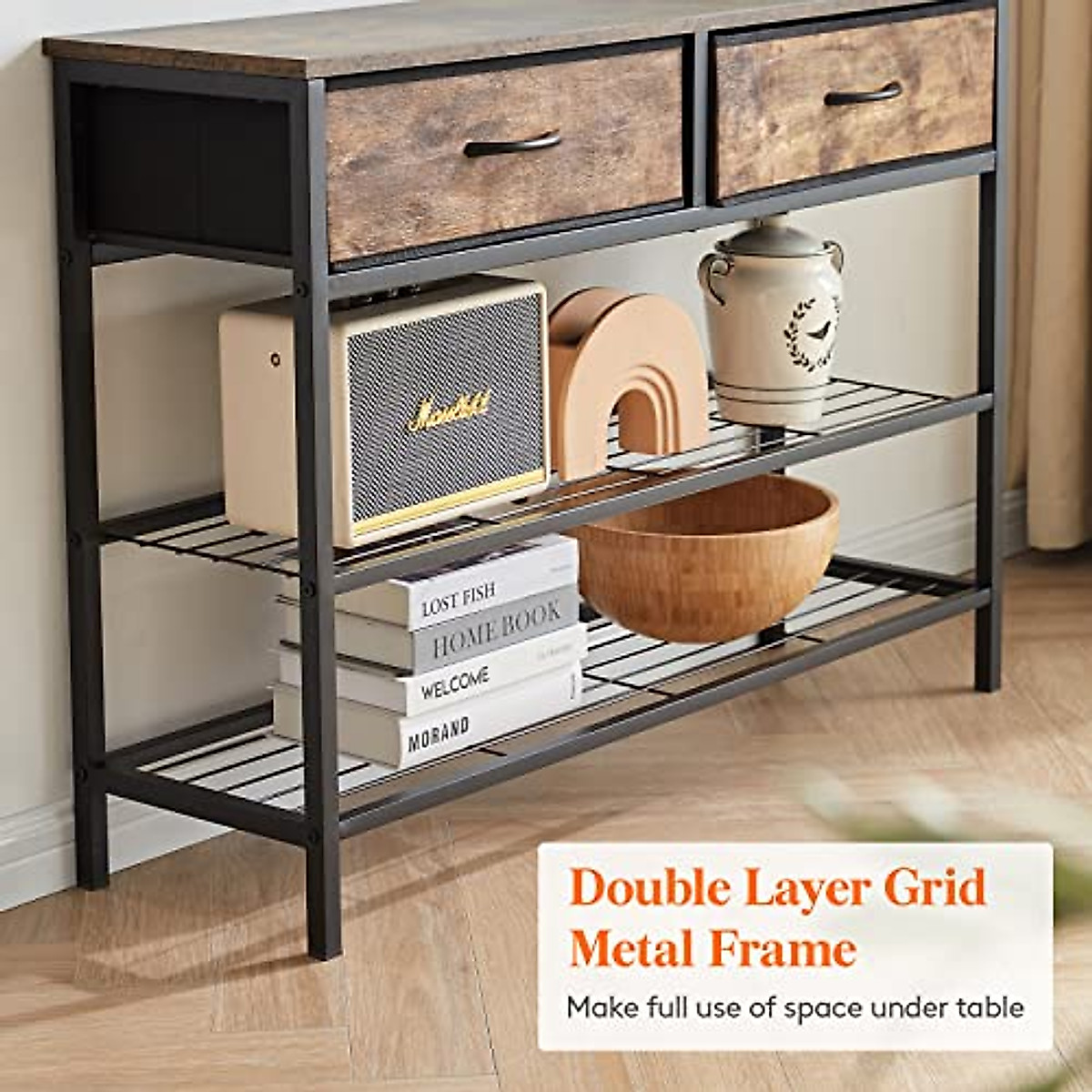 Lifewit 39.4” Console Entryway Table with 2 Fabric Drawers,3-Tier Industrial Sofa Table with Storage Shelves for Hallway, Living Room,Bedroom,Wood Top, Metal Frame, Rustic Brown, Easy Assembly