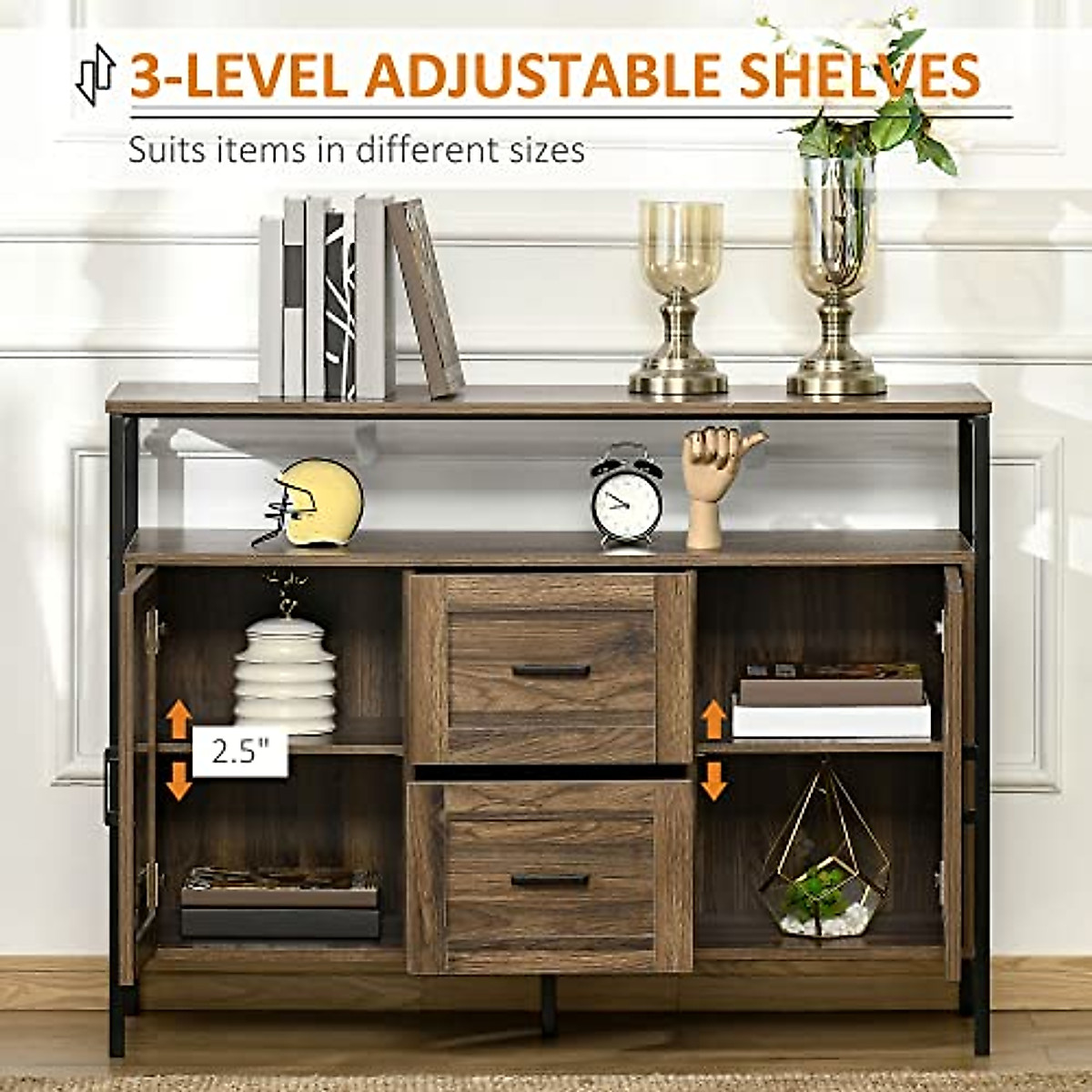 HOMCOM Industrial Sideboard Buffet Cabinet, Coffee Bar Cabinet with Adjustable Shelves, Glass Doors, and 2 Drawers for Kitchen, Living Room, Brown