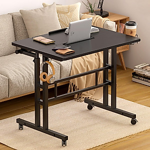 SogesPower 2 Platforms Mobile Laptop Desk Adjustable Side Table Computer Stand for Bed Sofa,Mobile Standing Desk with Cup Holder and Hooks,Black