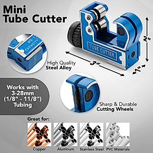 Loreso Mini Copper Pipe Tubing Cutter - Mini Tube Cutter for 1/8, 1/4, 1/2 to 1 1/8 Copper Brass Aluminum & Thin Stainless Steel Pipes (3-28mm) OD