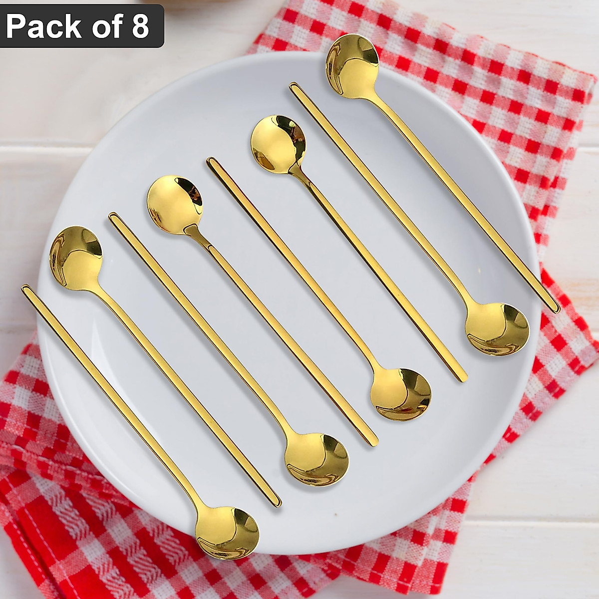 Monovatives Espresso Gold Plated Small Coffee Spoons with Long Handle for Stirring, Stainless Steel Long Handle coffee Spoon Pack of 8 for Tea Coffee Dessert Cake Ice Cream Soup Cappuccino, 5.3 inch