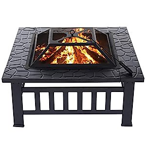 Fire Pit Wood Burning Firepit Metal Square Outdoor Fire Pit Steel BBQ Grill Fire Pit Bowl with Spark Screen Cover, Poker Log Grate for Patio Bonfire Camping Backyard Garden Picnic black 32 inch