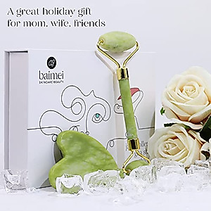 BAIMEI Jade Roller & Gua Sha Facial Tools Face Roller and Gua Sha Set for Skin Care Routine and Puffiness - Green