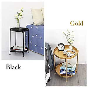 Tiita Round End Table Mental 2-Tier Side Table Nightstand/Small Iron Tables Accent Coffee Table for Living Room Bedroom Office Small Space