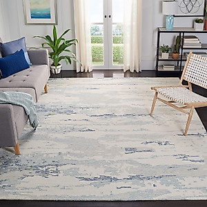 SAFAVIEH Abstract Collection Area Rug - 8' x 10', Ivory & Blue, Handmade Abstract Wool, Ideal for High Traffic Areas in Living Room, Bedroom (ABT465A)