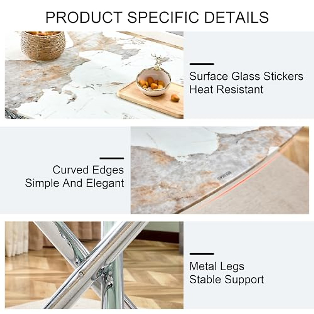 FURNITO 71" Glass Dining Table for 6-8, Faux Marble Glass White Desktop 0.39" and Sliver Metal Legs, Ideal for Living Room and Dining Room (1 Table (White))