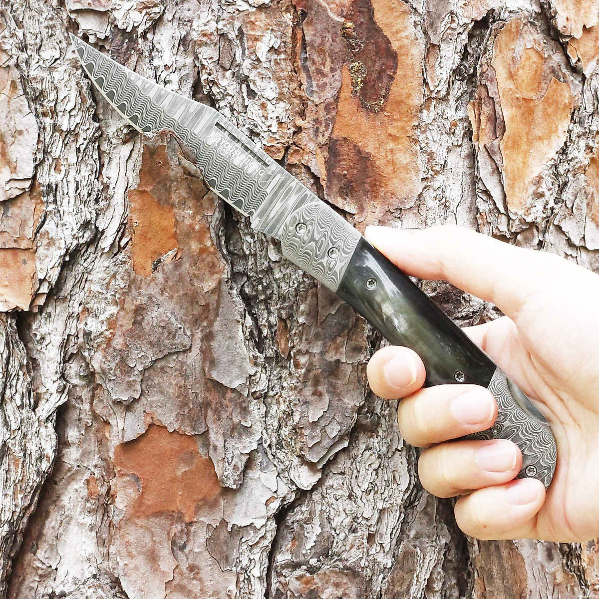 YOUSUNLONG Pocket Folding Knife Overall 195mm - Damascus Steel Blade - Bull Horn Handle