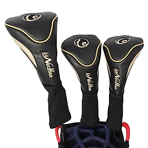 LONGCHAO Golf Head Covers 3pcs Set, Driver Fairway Wood Headcovers, Vintage PU Headcovers for Golf Club (golden-black)