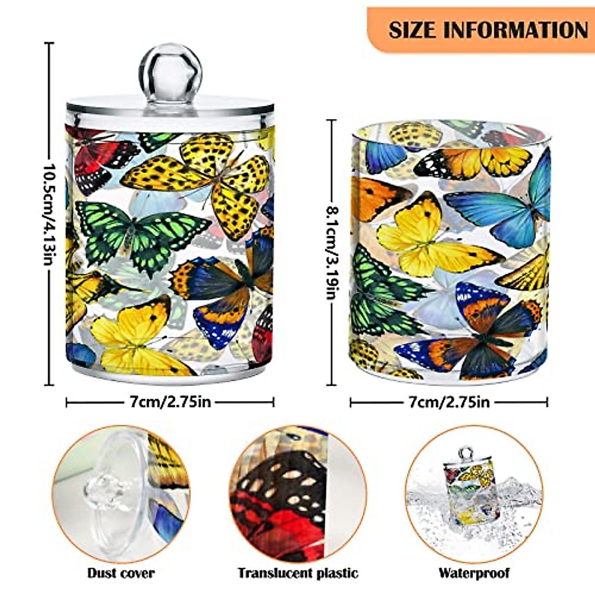 xigua 2 Pack Beautiful Butterfly Apothecary Jars with Lid, Qtip Holder Storage Containers for Cotton Ball, Swabs, Pads, Clear Plastic Canisters for Bathroom Vanity Organization (10 Oz)