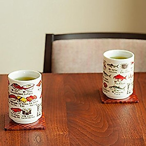 Japanese tea cup, Sushi-yunomi, ceramic, printed sushi and fish names and by English and Kanji, set of 2