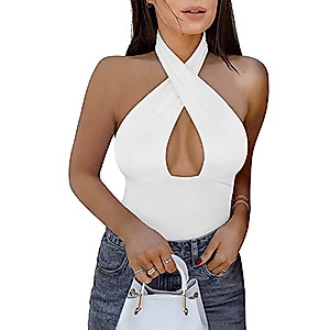 REORIA Women's Sexy Criss Cross Halter Neck Sleeveless Party Club Night Going Out Thong Bodysuits Tops White X-Large