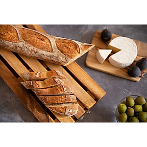 Villa Acacia Wood Bread Board - 12 x 7 in Handcrafted Wooden Cutting Board Slicer Tray with Handle﻿ Medium