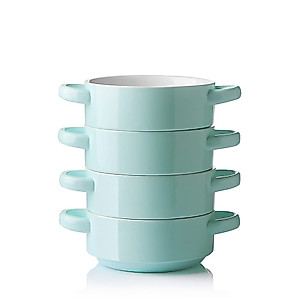 Sweejar Ceramic Soup Bowls with Double Handles, 20 Oz Stacked Bowls for French Onion Soup, Cereal, Pot Pies, Stew, Chill, Pasta, Set of 4(Dark Turquoise)