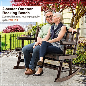 HAPPYGRILL Outdoor Wood Rocking Bench Carbonized Double Rocking Chair for 2 Persons with Wide Curved Seat, Porch Rocker for Porch, Garden, Backyard, 710LBS Capacity, Rustic Brown