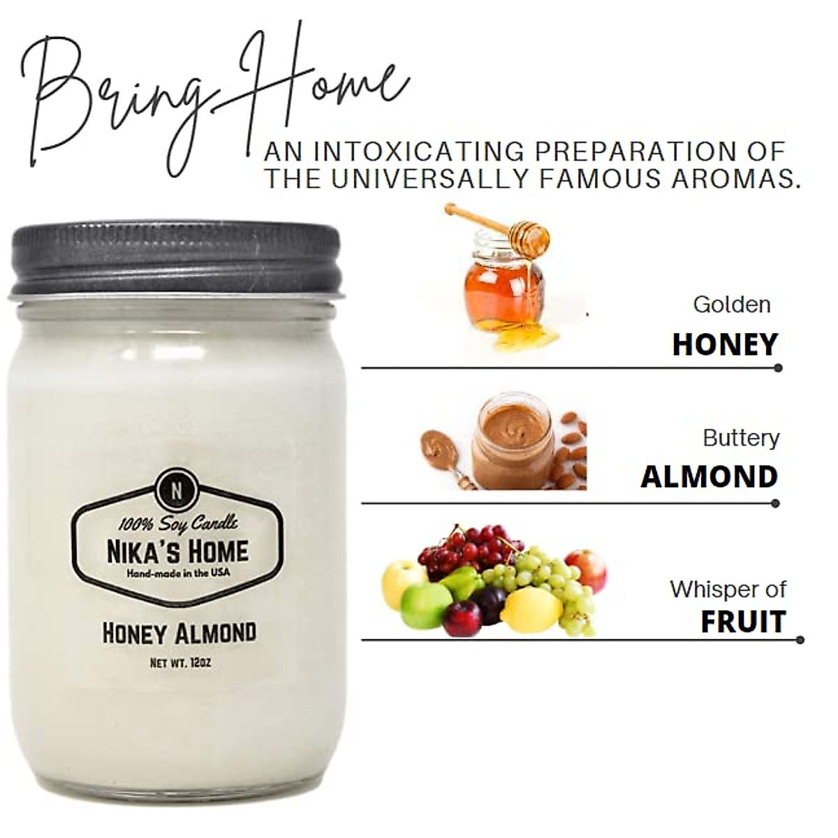 Nika's Home Honey Almond Soy Candle 12oz Mason Jar Non-Toxic White Soy Handmade, Long Burning 50-60 Hours Highly Scented All Natural, Clean Burning Large Candle Gift Décor