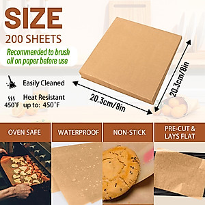 Tikxlafe 200 Pcs Parchment Paper Baking Sheets, 8"x8" Precut Non-Stick Baking Parchment Paper Sheets Bun Sheet Pan Liners.Baking Grilling Air Fryer Steaming Bread Cup Cake Cookie (Brown-8"x8")