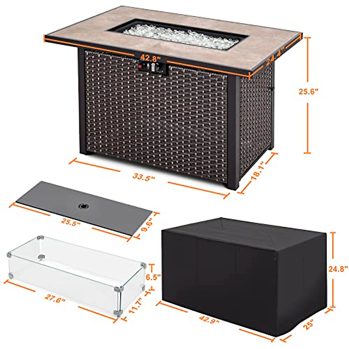 Nuu Garden 43 inch 50,000 BTU Propane Gas Fire Pit Table and Glass Fire Pit Wind Guard Bundle