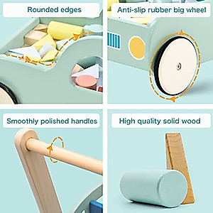 labebe Kids Push and Pull Activity Walker Wooden Baby Walker Toy for Boys/Girls with 54 Wooden Blocks, Toddler Sit to Stand Walking Wagon 12M+