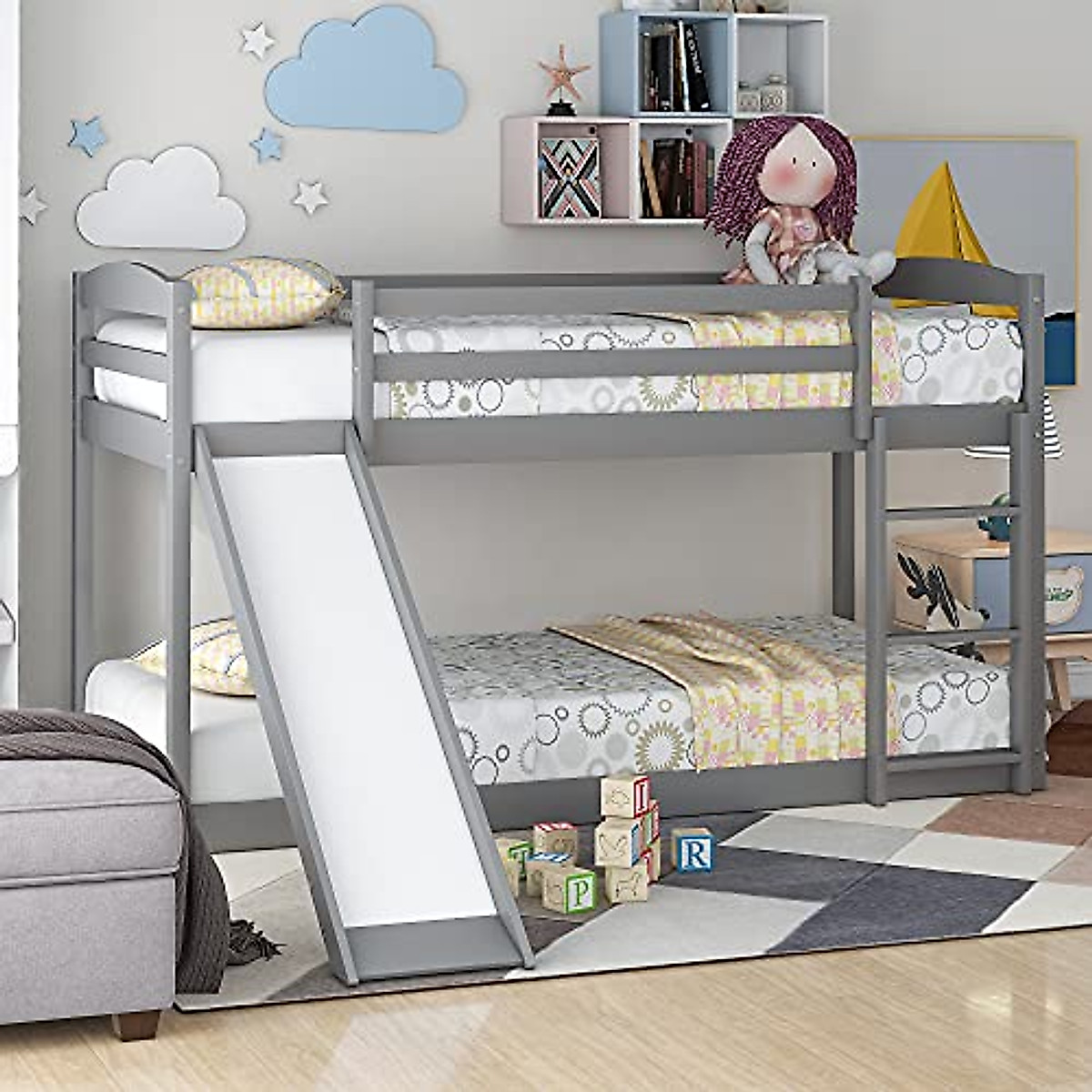 TARTOP Twin Over Twin Bunk Bed with Convertible Slide and Ladder,Solid Pinewood Frame, Low Bunk Bed w/Safety Guardrails,Suitable for Kids/Teen,No Box Spring Needed,Gray