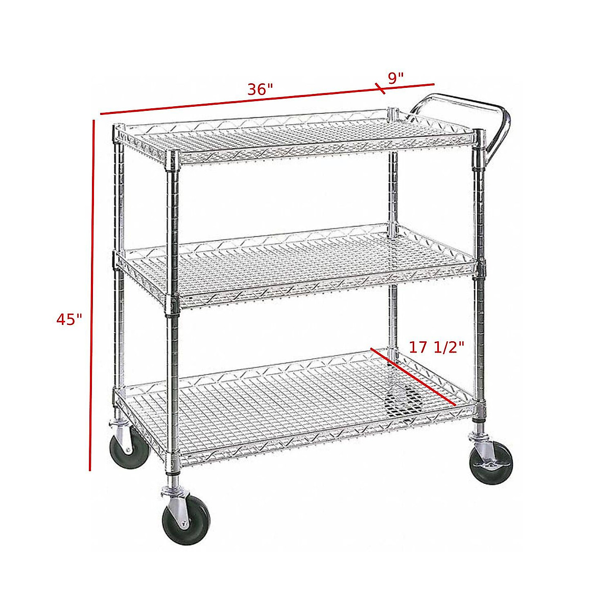 Heavy Duty 3 Tier Rolling Utility Cart Kitchen Cart on Wheels Metal Serving Cart Commercial Grade with Wire Shelving and Handle Bar for Kitchen Office Hardware