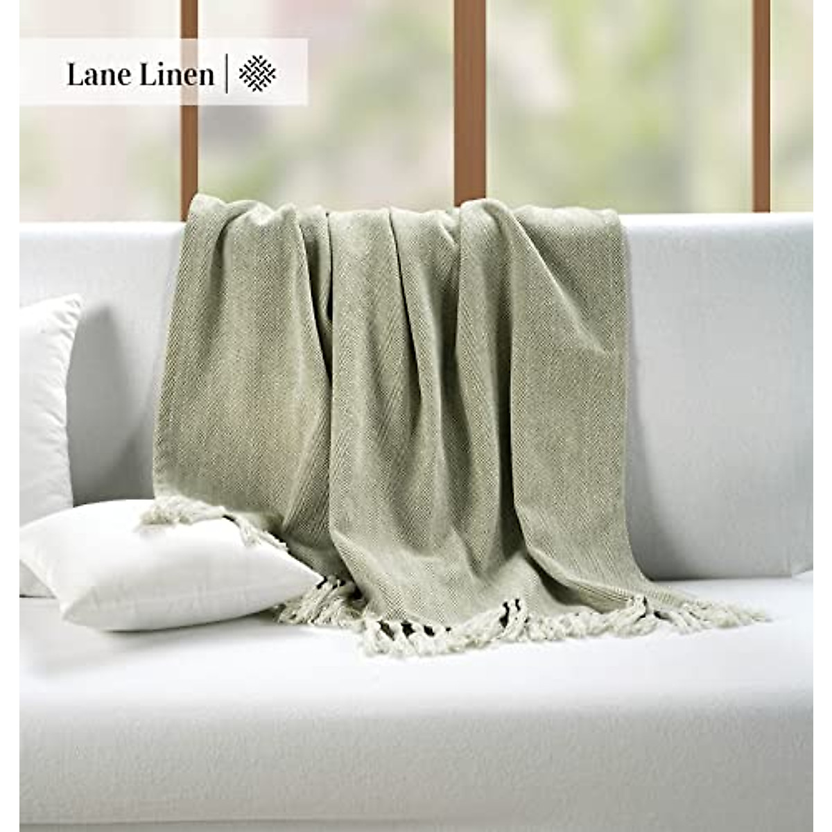 LANE LINEN Super Soft Throw Blanket for Couch & Bed - Classic Herringbone Weave with Tassel Cotton Lightweight Breathable Durable Cozy Warm – Pack of 2 50”x70” Sage Green