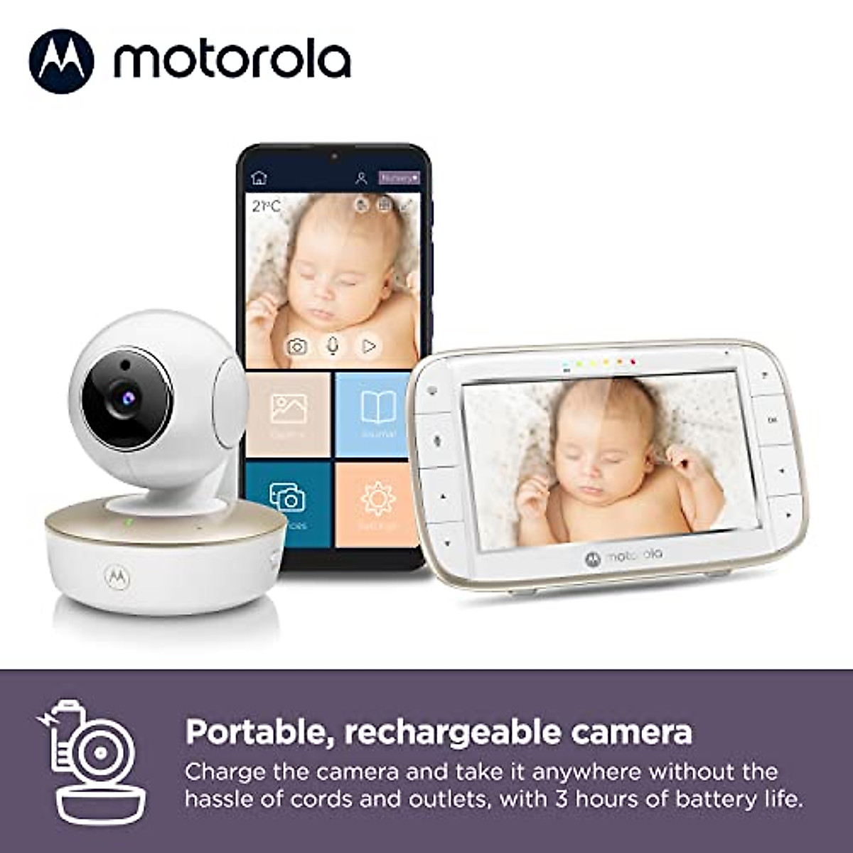 Motorola Baby Monitor - VM855-5 WiFi Video Baby Monitor with Camera and Crib Mount, HD 720p - Connects to Smart Phone App, 1000ft Range, 2-Way Audio, Remote Pan-Tilt, Digital Zoom, Room Temp, Music