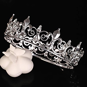 FORSEVEN Full Round King Crown- Metal Rhinestone Crowns and Tiaras for Women and Men Party Prom (HG340 Silver)